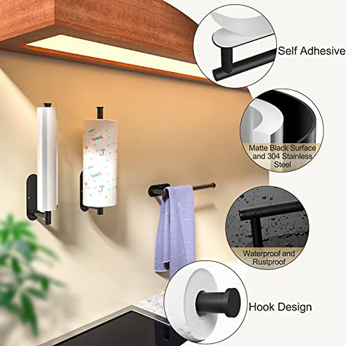Black Paper Towel Holder Under Cabinet Wall Mount Self Adhesive Under Counter Paper Towel Holder Paper Towel Roll Holder for Countertop Kitchen Organization Bathroom Farmhouse SUS304 Stainless Steel