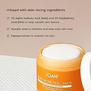JOAH Daily Glow Exfoliating Cotton Peel Pads with Glycolic Acid, Infused with PHA & Papaya Extract, Free of Gluten, Parabens, Phthalates, SLS, & Formaldehyde, 50 Pads – 3.04 US fl. oz.