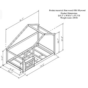 Bellemave House Bed for Kids, Twin Floor Bed, Pine Wood House Floor Bed, Montessori Bed for Kids, Gray with Shelf