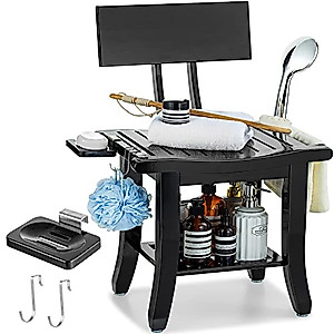 ETECHMART Bamboo Shower Bench with Back and Soap Dish, 2-Tier Shower Chair Bath Seat with Handle for Bathroom Bathtub Elderly Disabled, Waterproof Wood Spa Stool for Inside Shower Shaving, Espresso