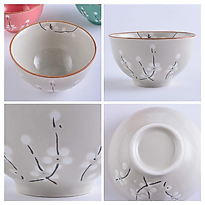 Panbado 5 Pcs Ceramic Bowls Set, 330ml Japanese Style Porcelain Bowls, 5 Colors Rice Bowl Set With White Cherry Blossom Pattern For Dessert Snack Cereal Soup