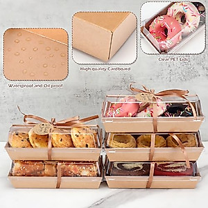60 Pack Paper Charcuterie Boxes with Clear Secure Lids, 7.5 Inches Brown Bakery Boxes with 2 Rolls of Ribbon, Long Disposable Food Containers Treat Boxes for Macaroon, Cookies, Strawberry Dessert