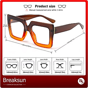 Breaksun Oversized Blue Light Glasses for Women Fashion Thick Square Computer Eyewear Non-Prescription Black Glasses (New Black+ Brown Orange)