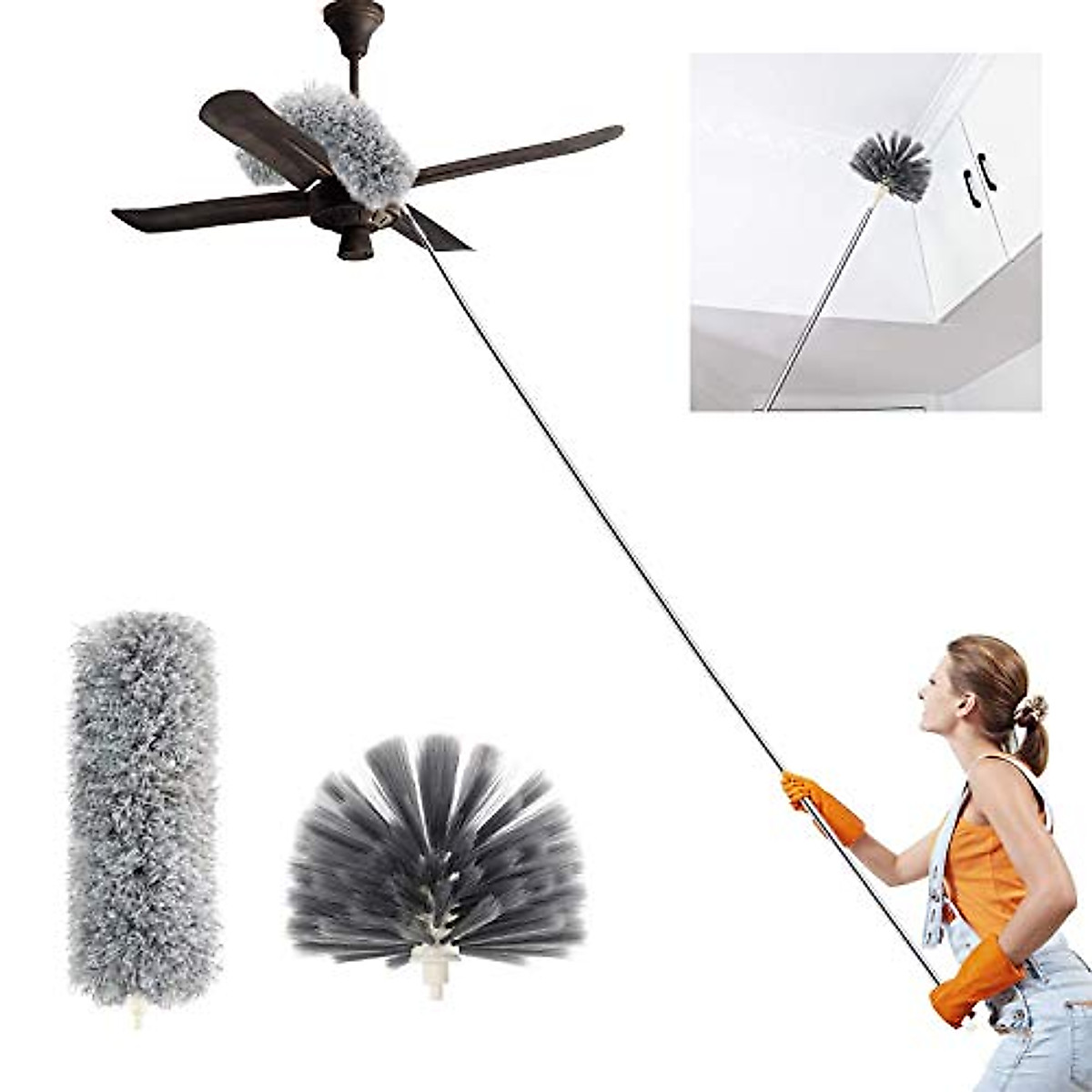Microfiber Duster with Extension Pole 100'' + Microfiber & Domed Cobweb Double Replacement Heads Extendable Dusters