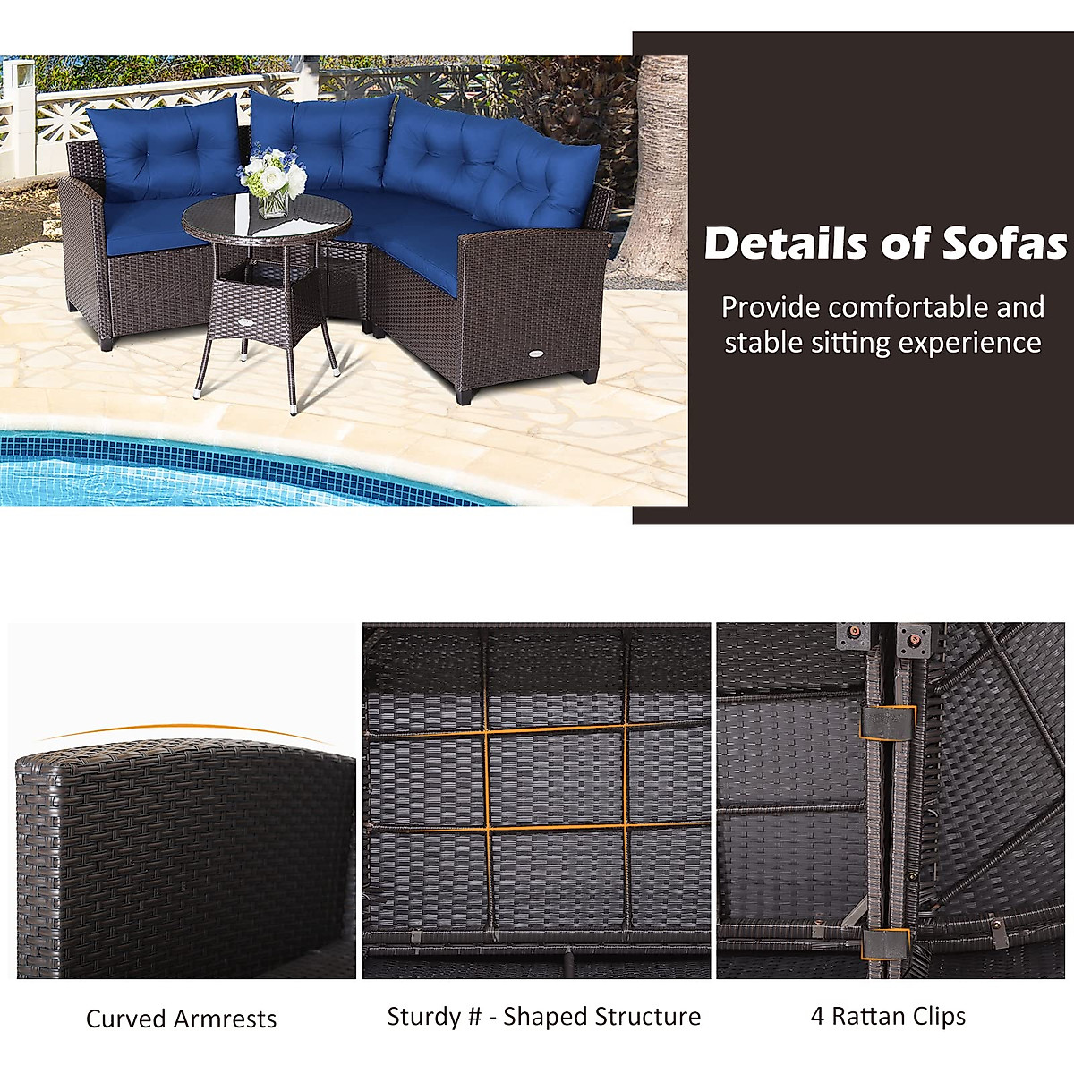 Tangkula 4 Piece Outdoor Sectional Sofa Set, Half-Moon All Weather Heavy Duty Corner Patio Furniture Set with Round Side Table, Soft-Padded Cushions, for Backyard, Poolside, Deck (Navy)