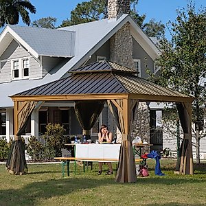 12' x 12' Hardtop Gazebo Outdoor Aluminum Gazebos Wood Grain with Galvanized Steel Double Canopy for Patios Deck Backyard,Curtains&Netting by domi outdoor living