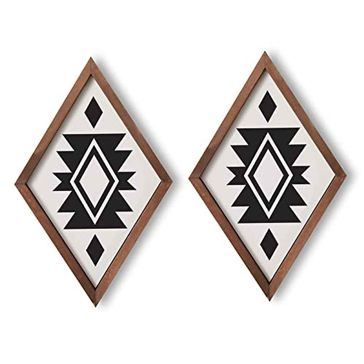 Mokof 2 Pack Wood Wall Decor, Boho Art, Diamond Framed Black and White Geometric Art Decor for Bedroom Living Room, Southwestern Wall Sign Prints on Wooden Board (Not Print Paper)