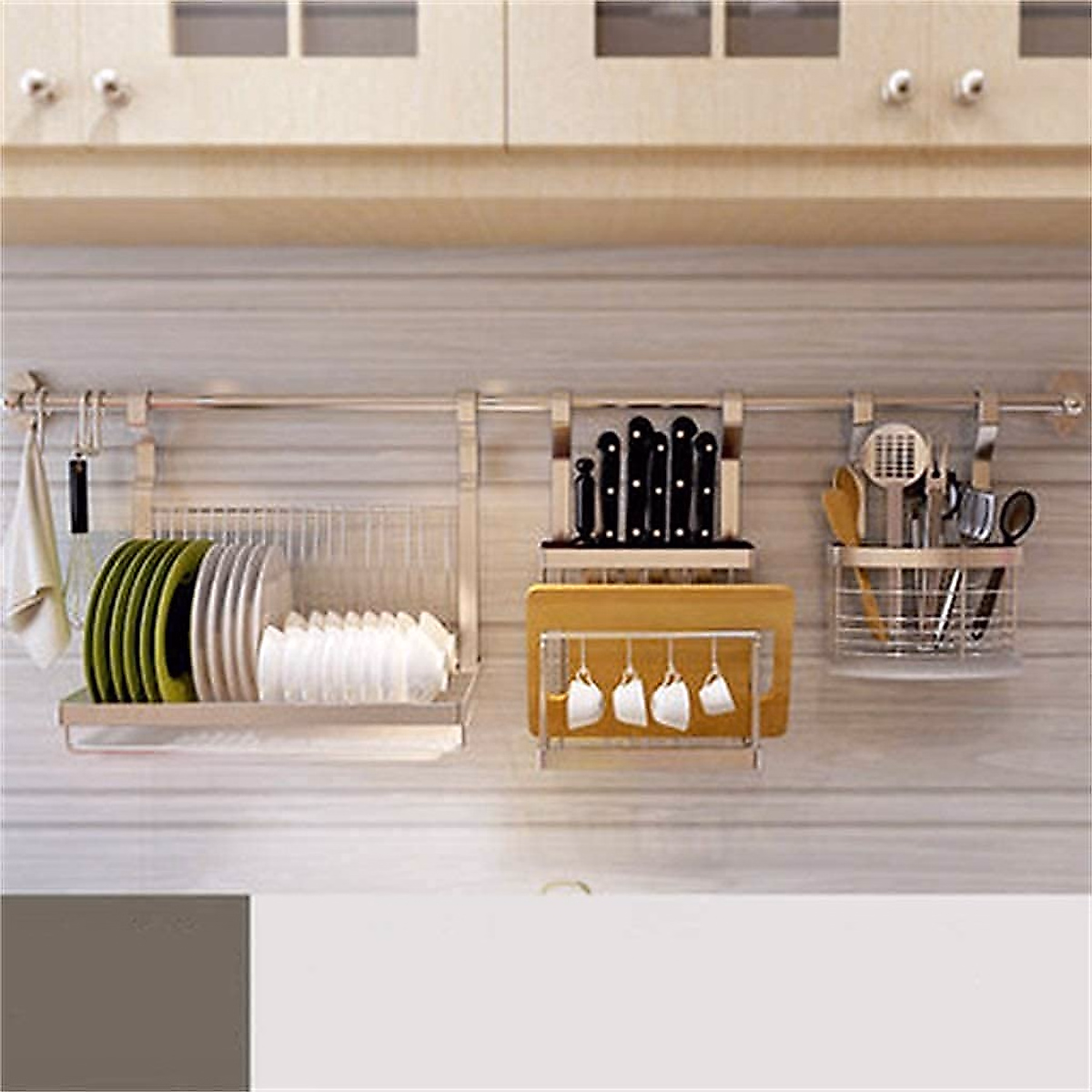 Plate Rack Multi-Purpose Kitchen Storage Shelf Wall Dish Rack Dish Drainer with Cutlery Tableware Draining Drying Storage Shelf Pan Plate Holder