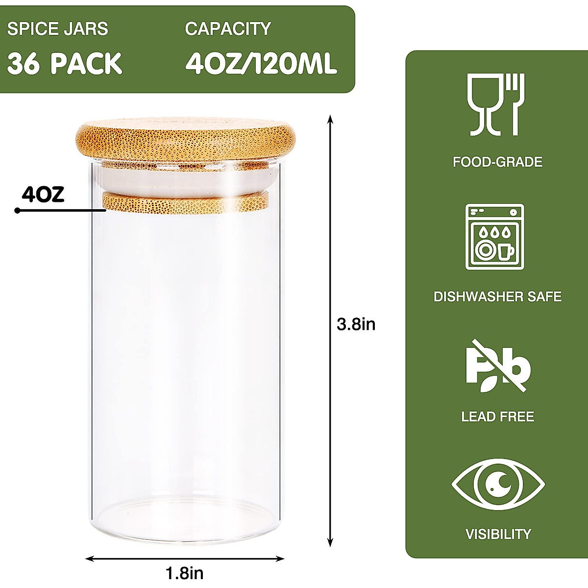 CUCUMI 36pcs Spice Containers with Bamboo Lids 4oz Glass Spice Jars with Labels and Chalk Marker, Seasoning Storage Containers for Spice Rack, Cabinet and Drawer