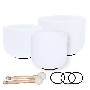 ENERGYSOUND Perfect Pitch 432Hz Frosted Chakra set of 3 PCS 12" C, 10" E 7" A Quartz Crystal Singing Bowl mallet and o-ring included