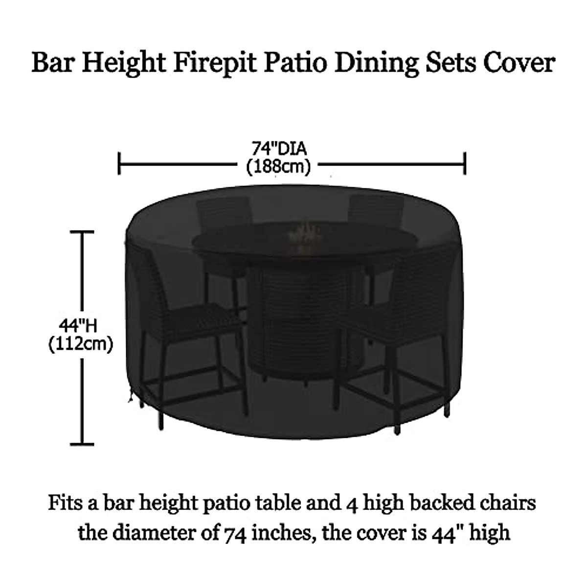 ‎Izzybang Bar Height Firepit Patio Dining Sets Cover Heavy Duty Waterproof 74 Inch Tall Round Patio Bar Height Table and Chair Set Covers, 74" Diameter x 44" H