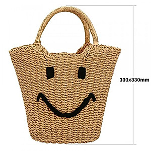 Smile Straw Beach Bag - Summer Handbag Large Capacity Handmade Tote Purse Straw Beach Bag for Women (Brown)