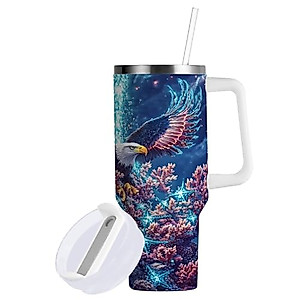 Slewiaeky Tumbler with Handle 40 oz Hawk Animal Kawaii America Travel Mug with Lid and Straw Stainless Steel Vacuum Insulated Water Bottle Cup for Iced Tea Coffee Cold Beverages Cup Holder Friendly