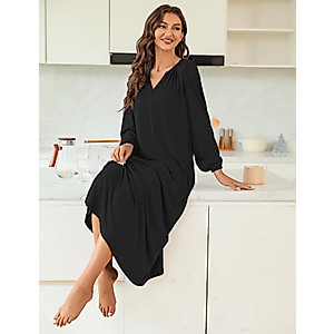 Marvmys Womens Cotton Long Night Gown Long Sleeve Nightshirt Sleepwear with Pockets Black L