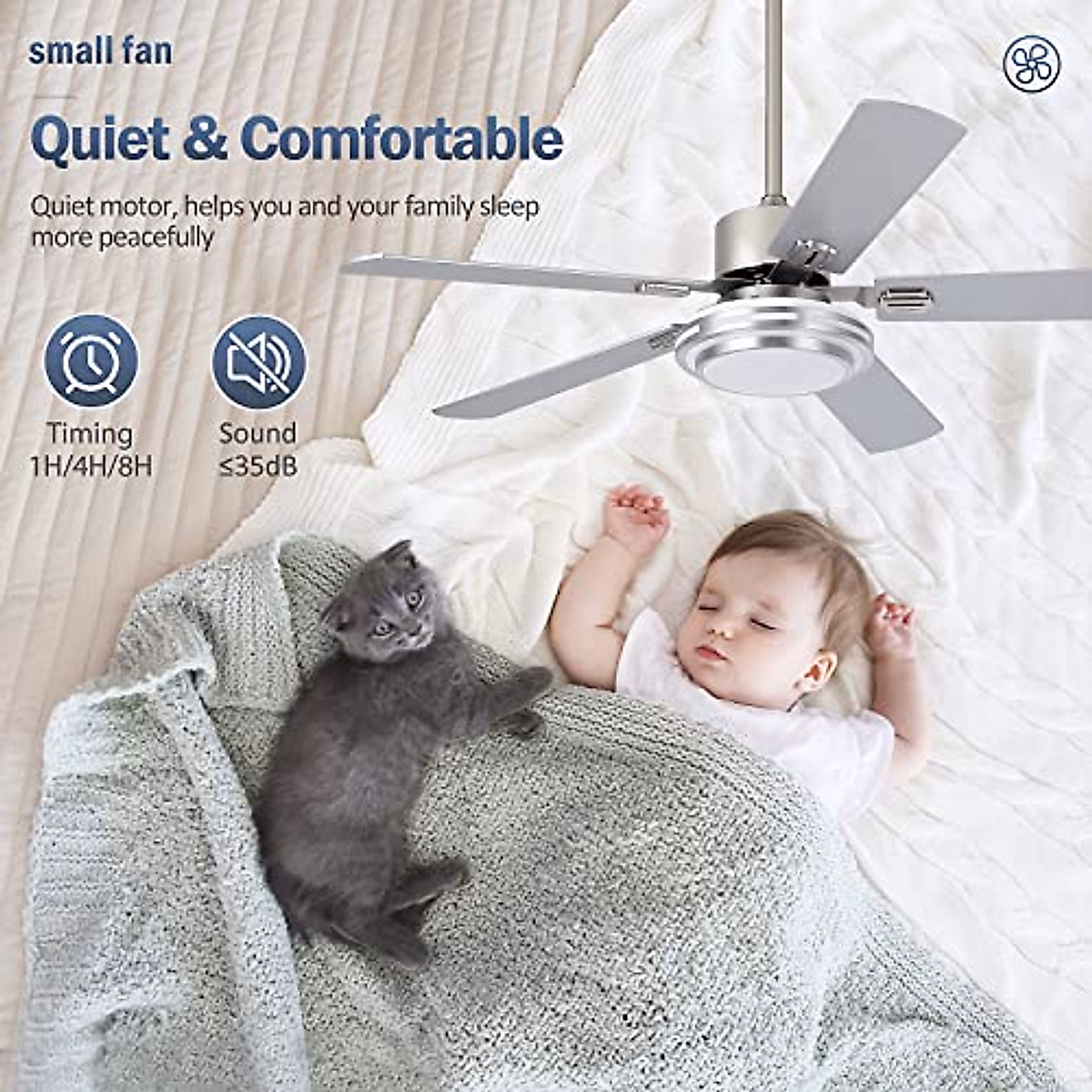 Chriari 52 Inch Ceiling Fans with Lights Remote Control, Wood Low Profile Ceiling Fan with 5 Silver Blades Quiet Reversible DC Motor, Modern Ceiling Fan with 6 Speeds, Dimmable LED Light, Smart Timing