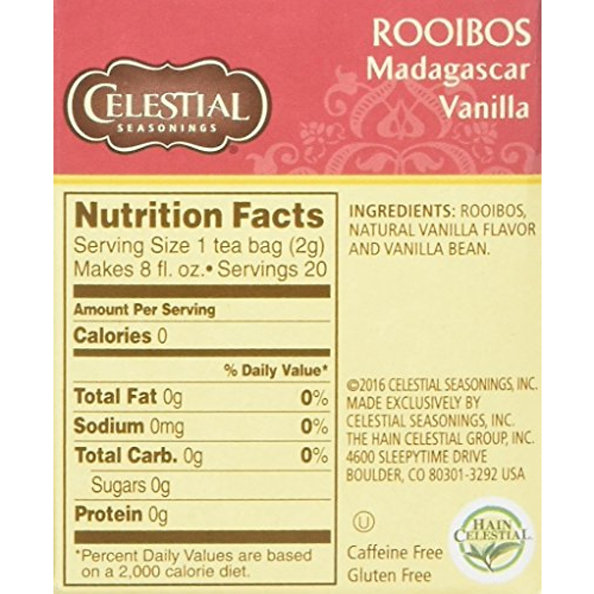 Celestial Seasonings Madagascar Vanilla Rooibos African Red Herbal Tea, 20 ct