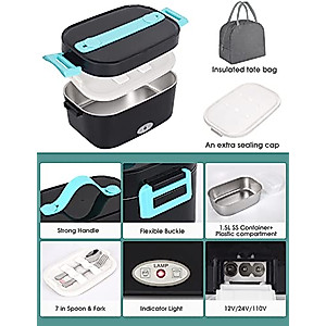 Xflyee 75W Electric Lunch Box Food Heater, 12V/110V Upgraded Leakproof Heating Lunch Box for Work/Car/Truck/Office with 1.5L Removable Stainless Steel Container, Fork & Spoon and Insulated Carry Bag