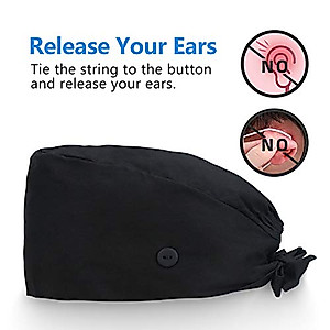 QBA Adjustable Working Cap with Button, Cotton Working Hat Sweatband, Elastic Bandage Tie Back Hats for Women & Men, One Size Black