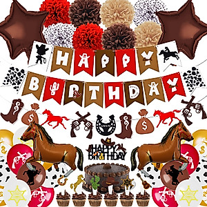 BORAMDO Western Cowboy Birthday Party Decoration Pack 59 Pcs, Cowboy Theme Party Supplies Include Happy Birthday Banner Horses Garland Cake Cupcake Toppers Paper Flowers Balloons Set for Western Party