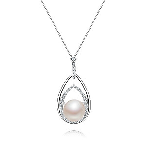 AKOCIDY 925 Sterling Silver Pearl Pendant Necklace | Freshwater Cultured White 9.5-10mm Real Pearl