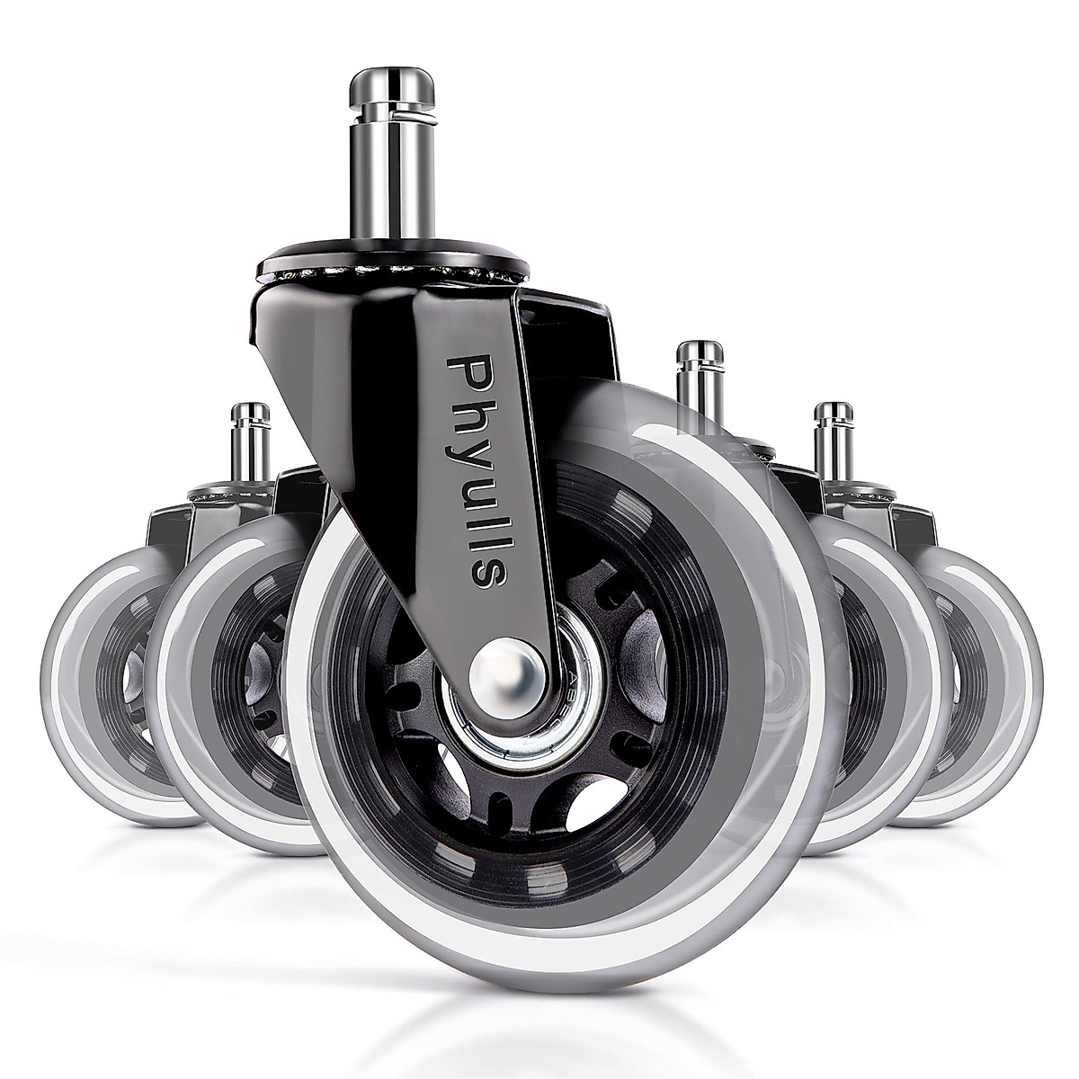 Office Chair Caster Wheels - 3" Rollerblade Rubber Replacement Chair Casters - Best Protection for Your Hardwood Floors No More Chair Mat Needed - Universal Fit,Smooth & Silent