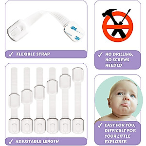 Baby Proofing Safety Cabinet Locks - Child Proof Latches for Dresser Drawer Cupboard Doors Closet Oven Refrigerator Fridge - Adjustable Childproof Straps by Oxlay - White - 6 Pcs