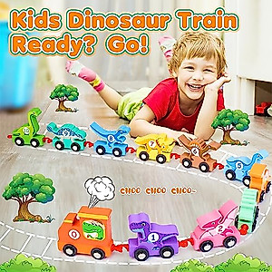 Toddler Dinosaur Toys Age 2-4: IPOURUP Wooden Dinosaurs Train Set Montessori Educational Toys for 2 3 4 5 6 Year Old Boys Girls Kids Birthday Gifts 11 PCS Trains Car with Numbers for Toddlers Toy Gift