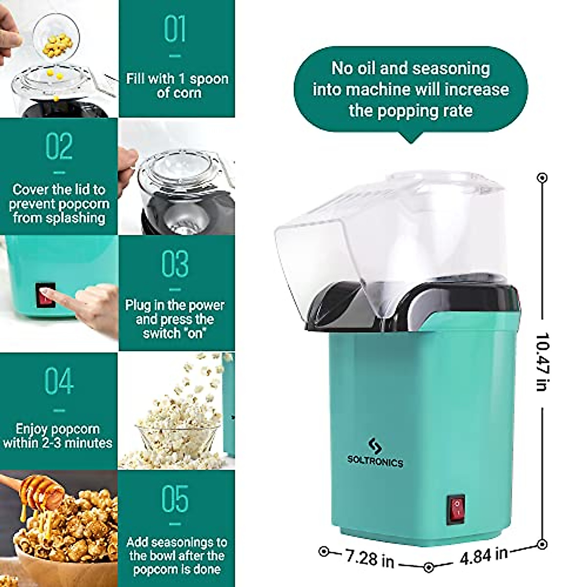 SOLTRONICS Hot Air Popcorn Popper Maker with Removable Measuring Cup, ETL Certified, No Oil Needed, BPA-Free, 1200W, Green