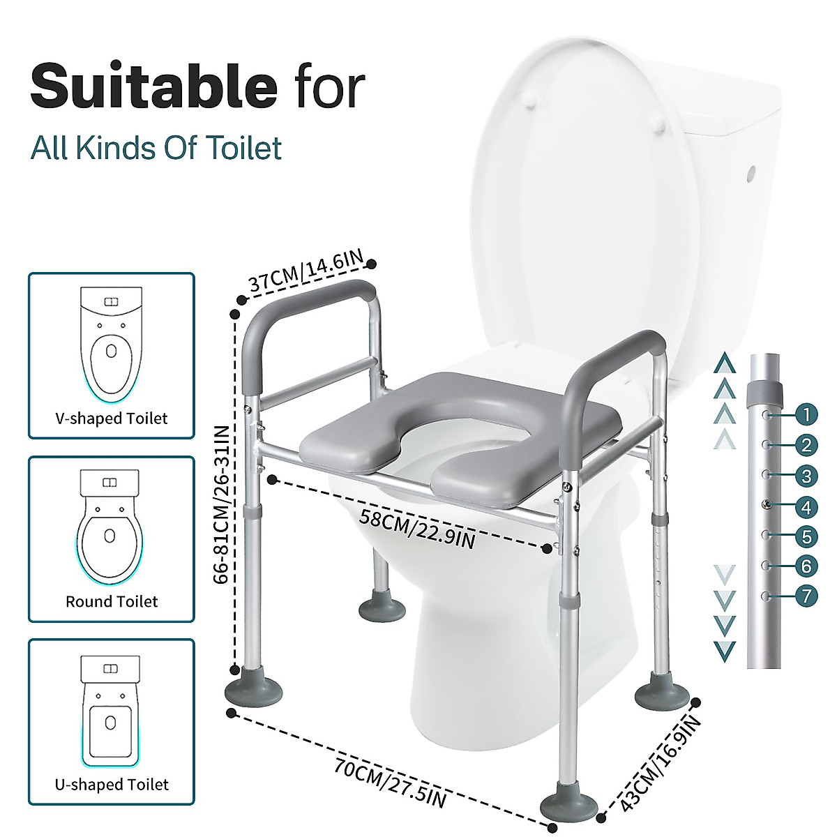 Eosprim Toilet Seat Risers for Seniors Elongated, Raised Toilet Seat with Handles, Toilet Safety Frames & Rails for Elderly and Handicap, Elevated Shower Commode Chair with Arms, Toilet Lift Grab Bar