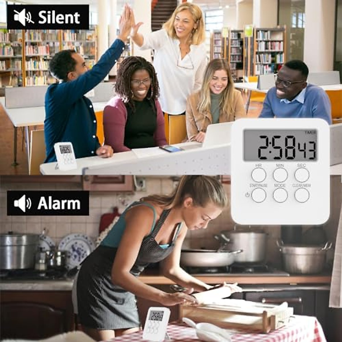 Digital Kitchen Timer with Mute/Lound Alarm Switch,3 in 1 Multifunctional Clock Alarm Count UP/Down Timer,24-Hours Memory Function Magnetic Timer for Cooking Learning(White)