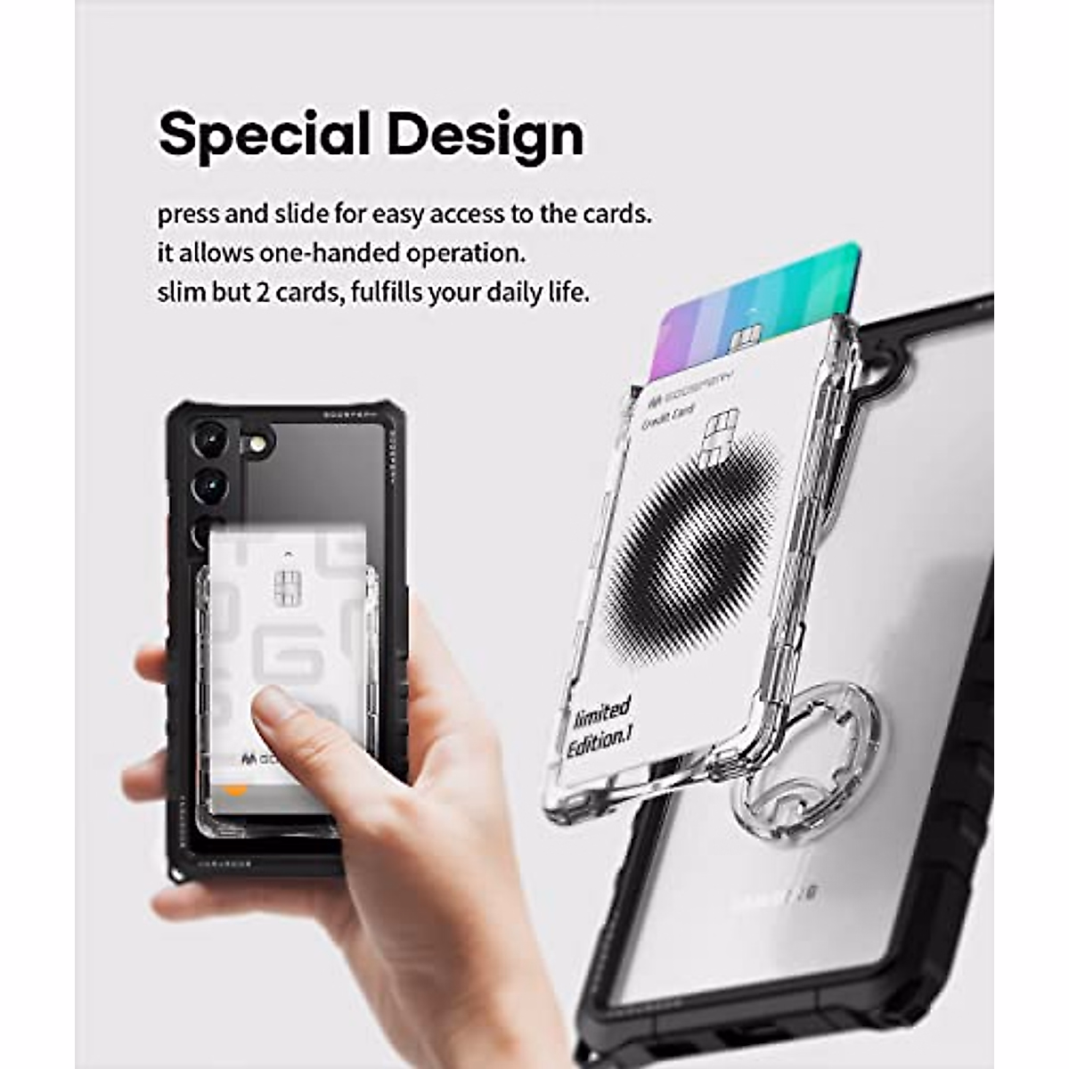 GOOSPERY Z Bumper Designed for Galaxy S22 Plus Case, Shock Absorbing Dual Layer Structure TPU Edge Clear Back Cover [with Detachable Clear Card Holder] Stick On Phone Wallet