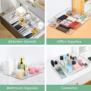 Homzing 4PCS Clear Kitchen Drawer Organizer Set, Silverware Drawer Organizer, Non-Slip Drawer Organizer Trays Dividers for Kitchen Utensils, Bathroom, Bedroom, Office, Makeup Storage