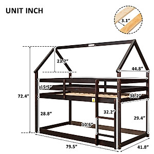 House Bunk Bed Twin Over Twin Floor/Low Bunk Bed Frame Wood Convertible Bunk Loft Beds for Kids Boys Girls Teens, Espresso