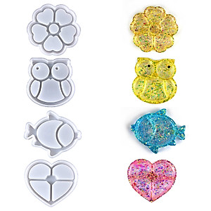 4 PCS Jewelry Tray Resin Mold,Flower Heart Fish Owl Tray Silicone Mold,Jewelry Storage Box Resin Casting Mold for DIY Epoxy Crafts