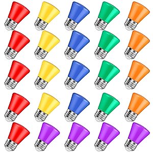 25 Pcs Christmas 2W LED Light Bulbs Replacement Bulbs for Outdoor String Lights E26 Base Plastic Waterproof S14 LED Bulb for Wedding Halloween Patio Party Bar Decor (Multi Color)