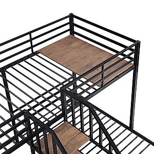 Polibi L-Shaped Twin Size Metal Triple Bunk Bed with Storage Shelves Staircase, Twin Over Twin & Twin Triple Bunk Beds, Black