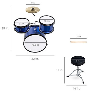 Best Choice Products Kids Drum Set 3-Piece Beginner Drum Set Junior Drum Set, w/ Throne Stool, Cymbal, Drum Sticks, Bass Drum Pedal, 2 Toms - Blue