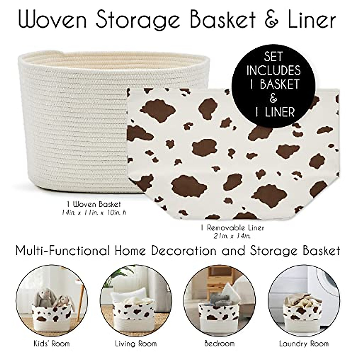 Sweet Jojo Designs Brown Western Cow Print Boy Girl Woven Storage Basket Decorative Cotton Rope Lined Bin Baby Nursery Kids Bedroom Toy Closet Shelf Organizer Southern Country Wild West Gender Neutral