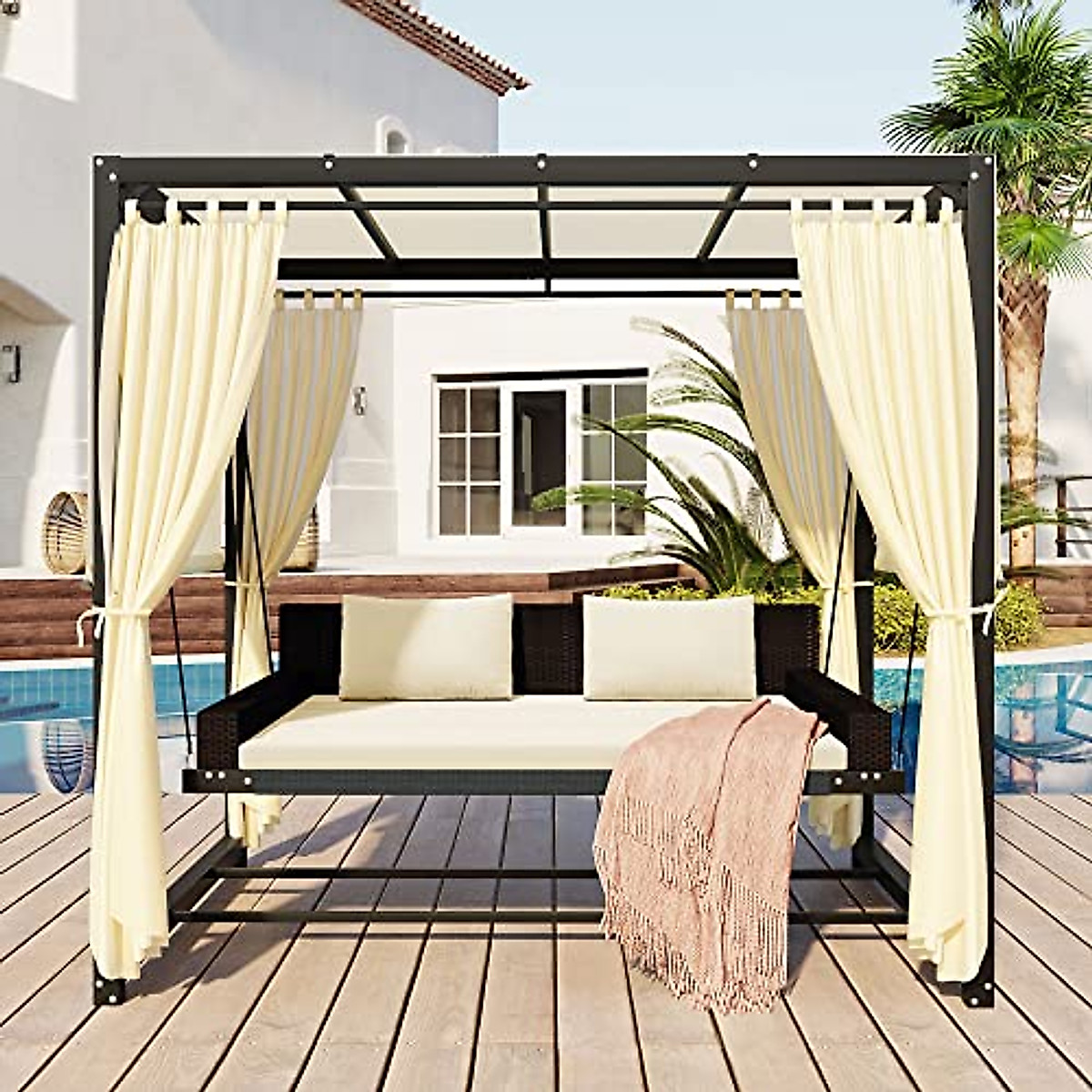 Merax Patio Porch Chair, 3-Seat Outdoor Swing Bed with Adjustable Canopy, Thickened Cushion, Pillow and Foldable Side Tray for Patio, Backyard Beige