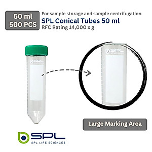 SPL 50ml Conical Centrifuge Tube Polypropylene Screw Cap, Sterile Non - pyrogenic, Non - cytotoxic, DNase/RNase - Free, Resealable Bags (500 Tubes)