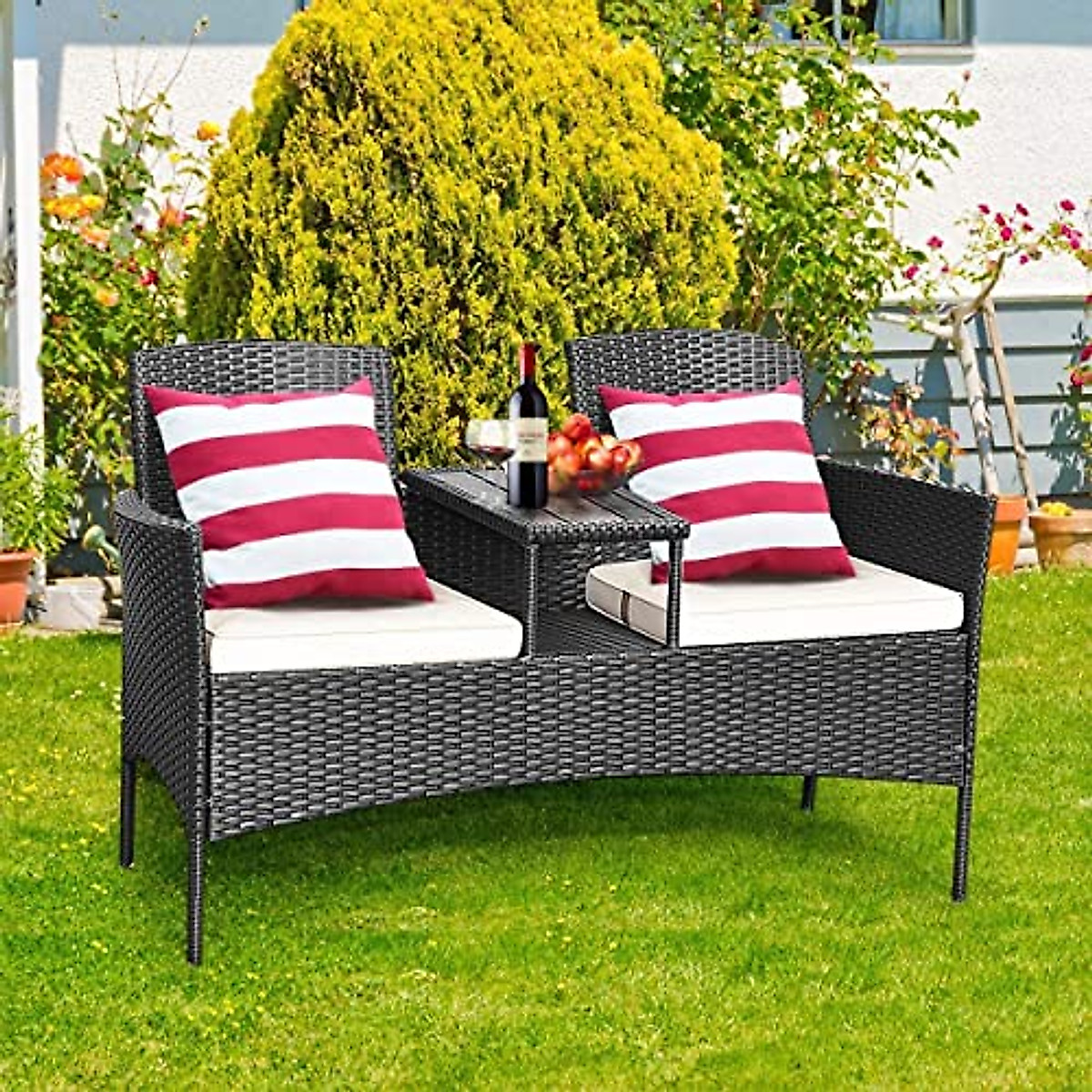 HAPPYGRILL Patio Rattan Loveseat Outdoor Porch Furniture PE Wicker Loveseat with Coffee Table Conversation Sofa with Cushions for Garden Lawn Backyard Poolside