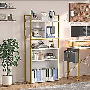DIRKES White Industrial Bookshelf,6 Tier Tall Bookshelves Wood and Gold Metal Frame Standing Bookcase, Display Book Shelf with Adjustable Storage Shelves for Home Office, Living Room, Bed Room