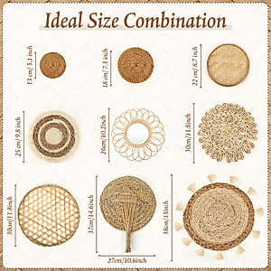 Set of 9 Wall Basket Decor Boho Wall Hanging Decor Rattan Wall Decor Flat Round Wicker Mirror Woven Macrame Tassels Tapestry Bamboo Wall Basket Handmade Serving Tray Art for Room Bedroom Living Room