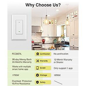 GHome Smart Switch, 3 Way Light Wi-Fi Switch Compatible with Alexa and Google Home, 2.4GHz Schedule Timer, Neutral Wire Required, 3-Way Installation and No Hub Required, FCC Listed (2-Pack)