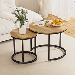 Smuxee Nesting Coffee Table Set of 2, 23.6" Round Coffee Table Brown Wood with Adjustable Non-Slip Feet, Industrial End Table Side Tables for Living Room Bedroom Balcony Yard