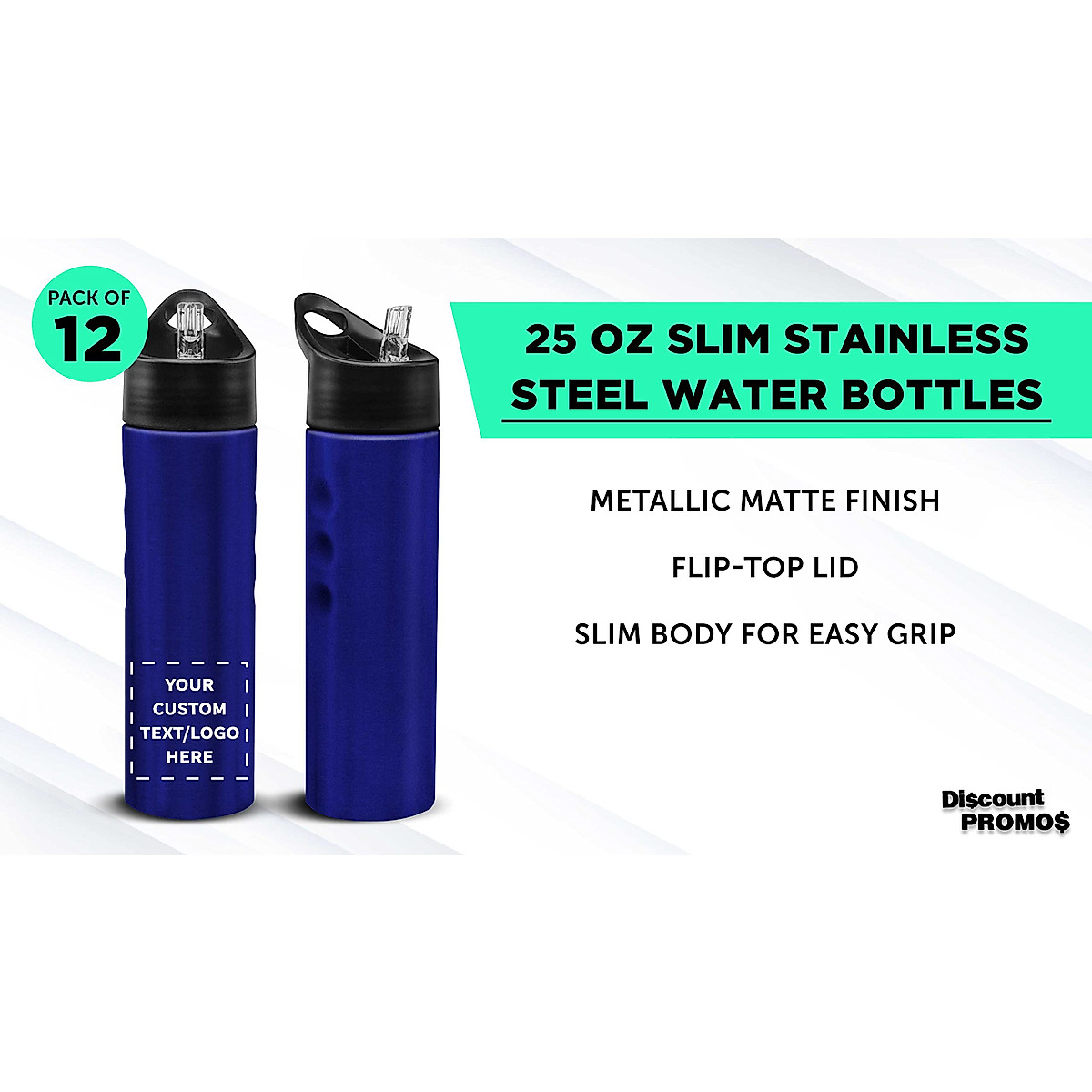 DISCOUNT PROMOS Custom Slim Stainless Steel Water Bottles 25 oz, 12 pack, Personalized Text, Logo, Reusable Gym Sports Bulk Pack, Blue