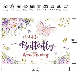 Aperturee 5x3ft Butterfly Baby Shower Backdrop A Little Butterfly is on The Way Photo Purple and Pink Floral Gold Spots Flowers Photography Background Princess Girl Party Decoration Banner Photo Booth