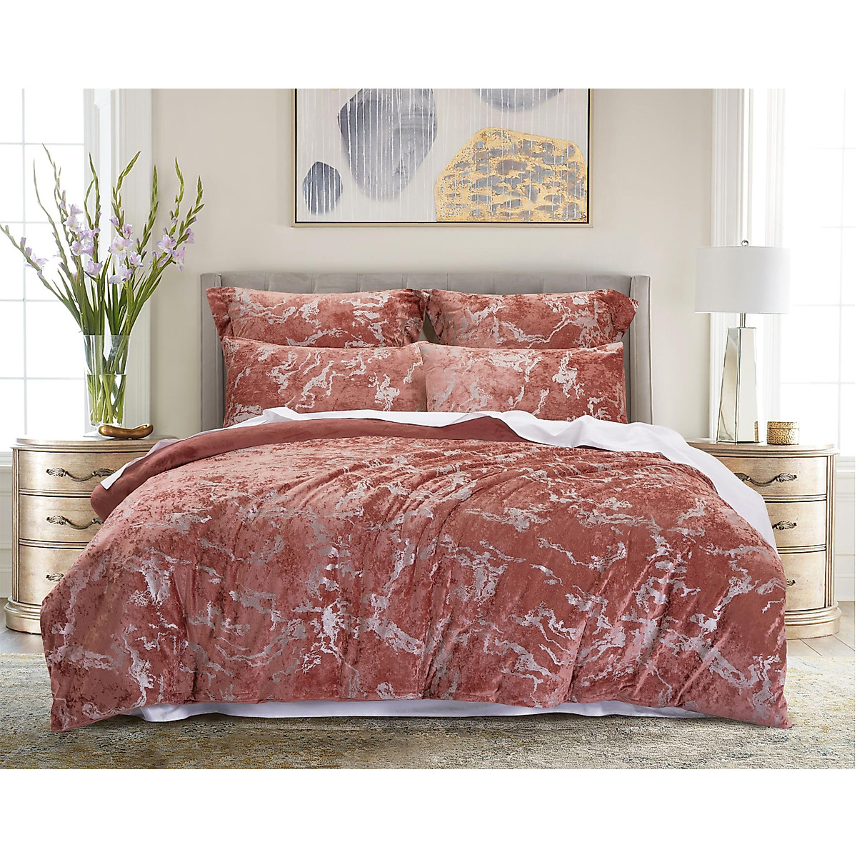 Grassix Duvet Cover King - 3D Marble Velvet King Duvet Cover Blush Pink, Ultra Soft Flannel Duvet Cover with Zipper Closure 8 Corner Tie (1 Duvet Cover 104"x90" & 2 Pillowcases-Blush Pink)