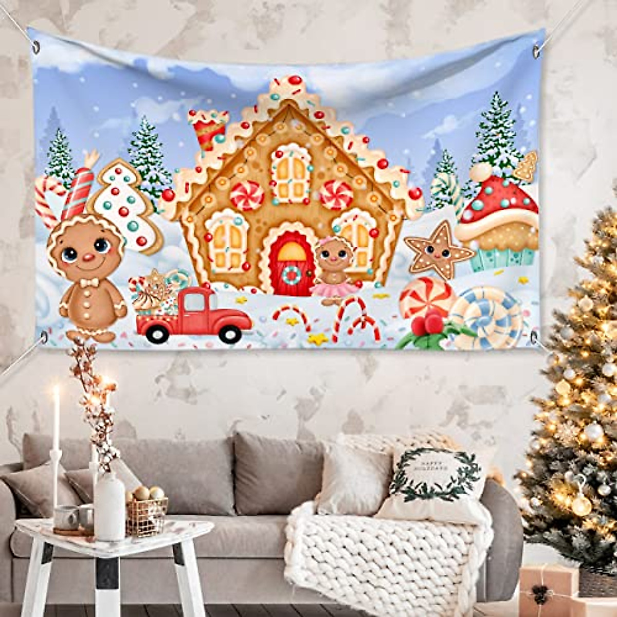 Gingerbread Christmas Decorations Christmas Ginger Bread Backdrop Porch Sign Outdoor Door Banner Holiday Home Office Fireplace Christmas New Year Party Decorations