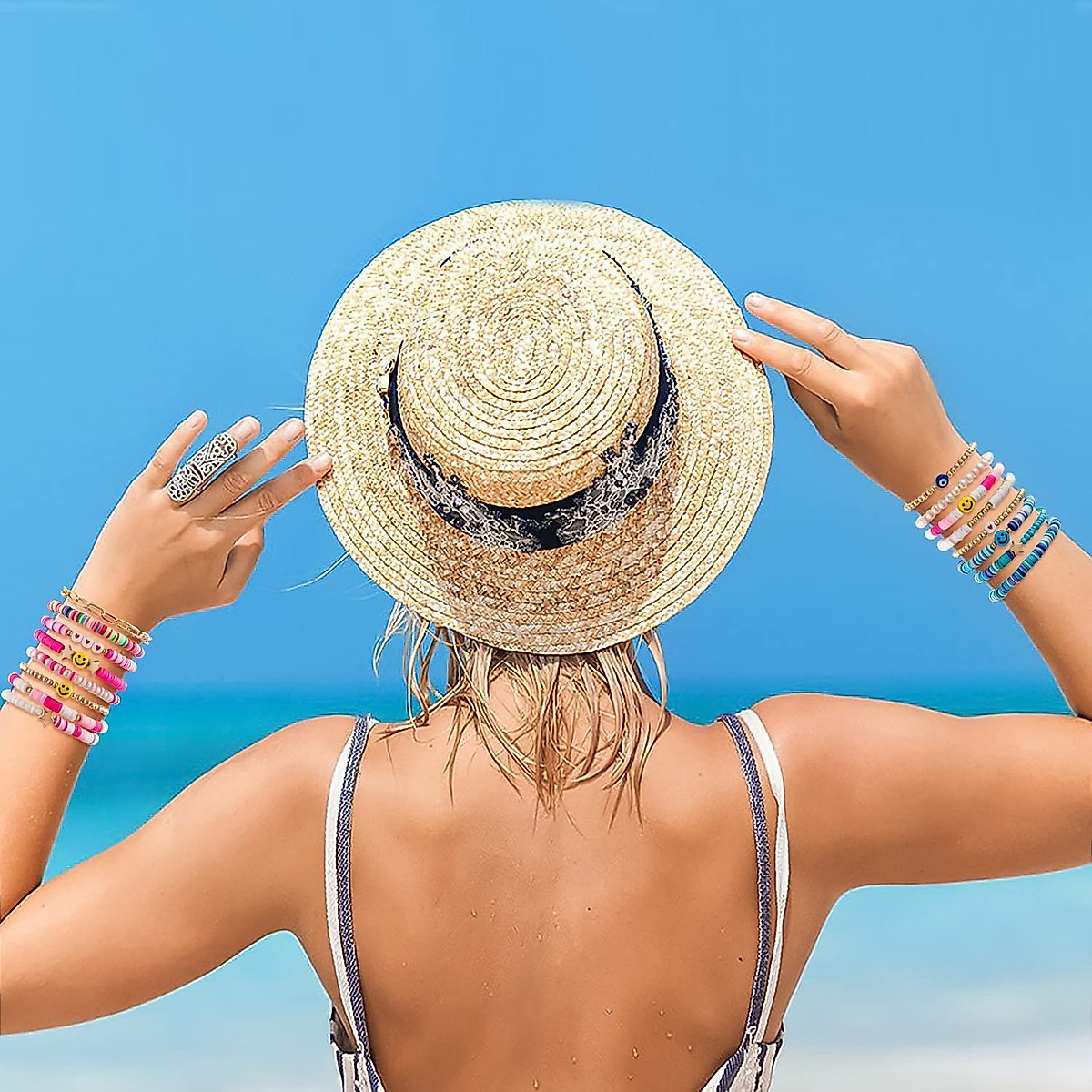 Women Girls Teens Preppy Bracelets Bohemian candy color Polymer Clay pearl Rice Bead bracelet Smile Smiley face star charm summer vacation bracelet